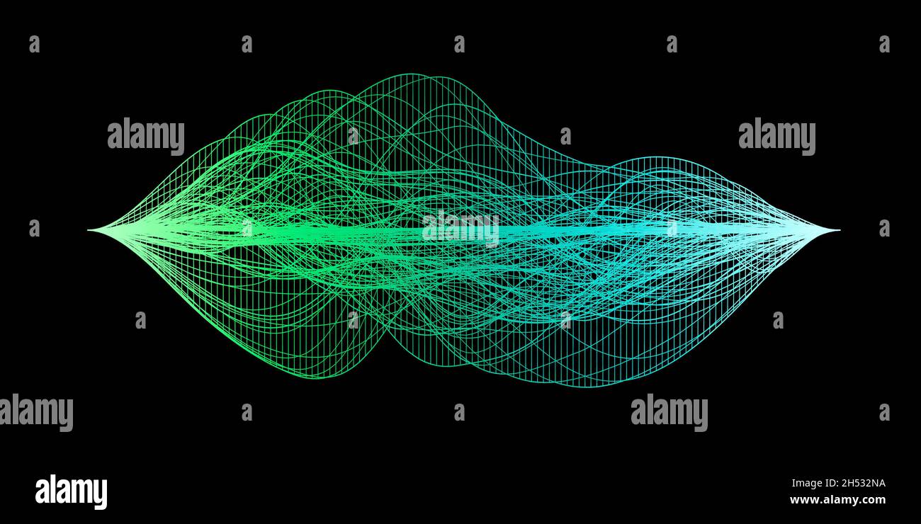 Abstract Visualization Of Audio Sound Waves Green And Turquoise Wireframe Wave Structure