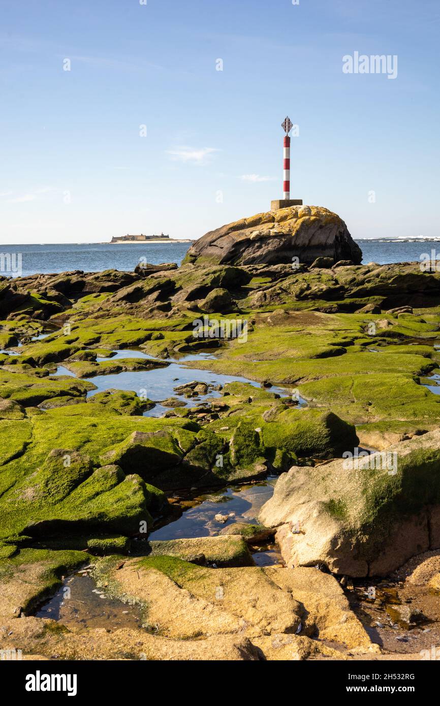 Small lighthouse on a rock near the ocean under the blue sky Stock ...