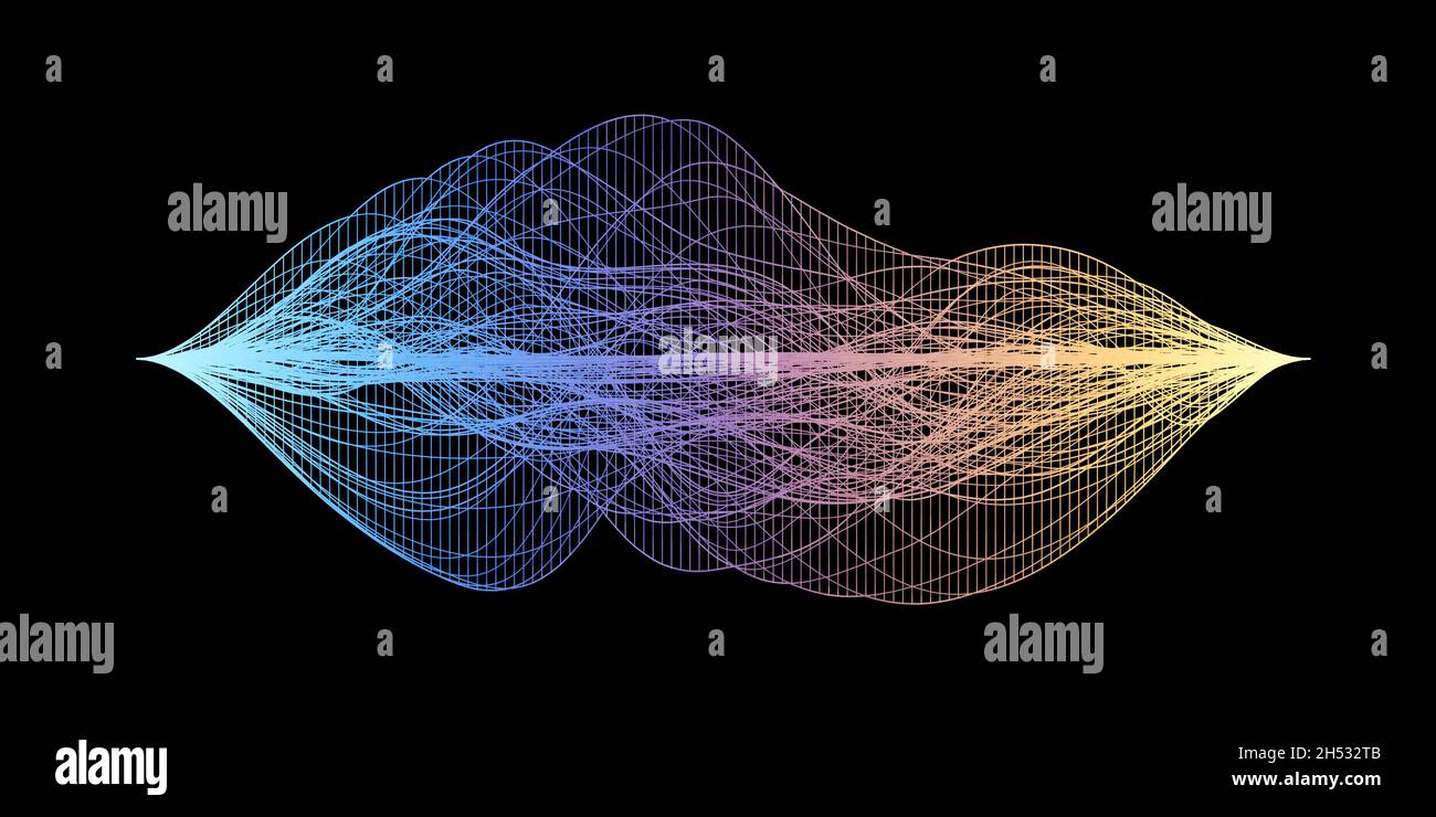 Abstract Visualization Of Audio Sound Waves Blue And Yellow Wireframe Wave Structure Against