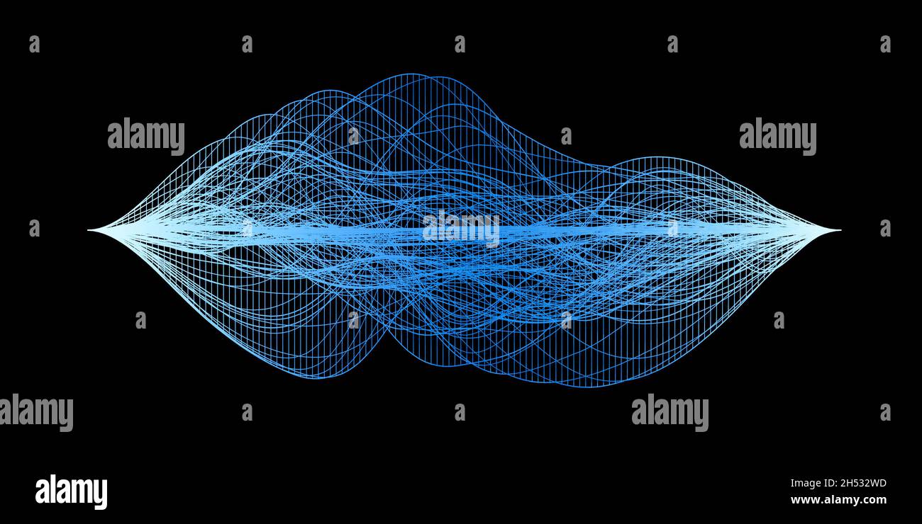 Abstract visualization of audio sound waves, blue wireframe wave ...