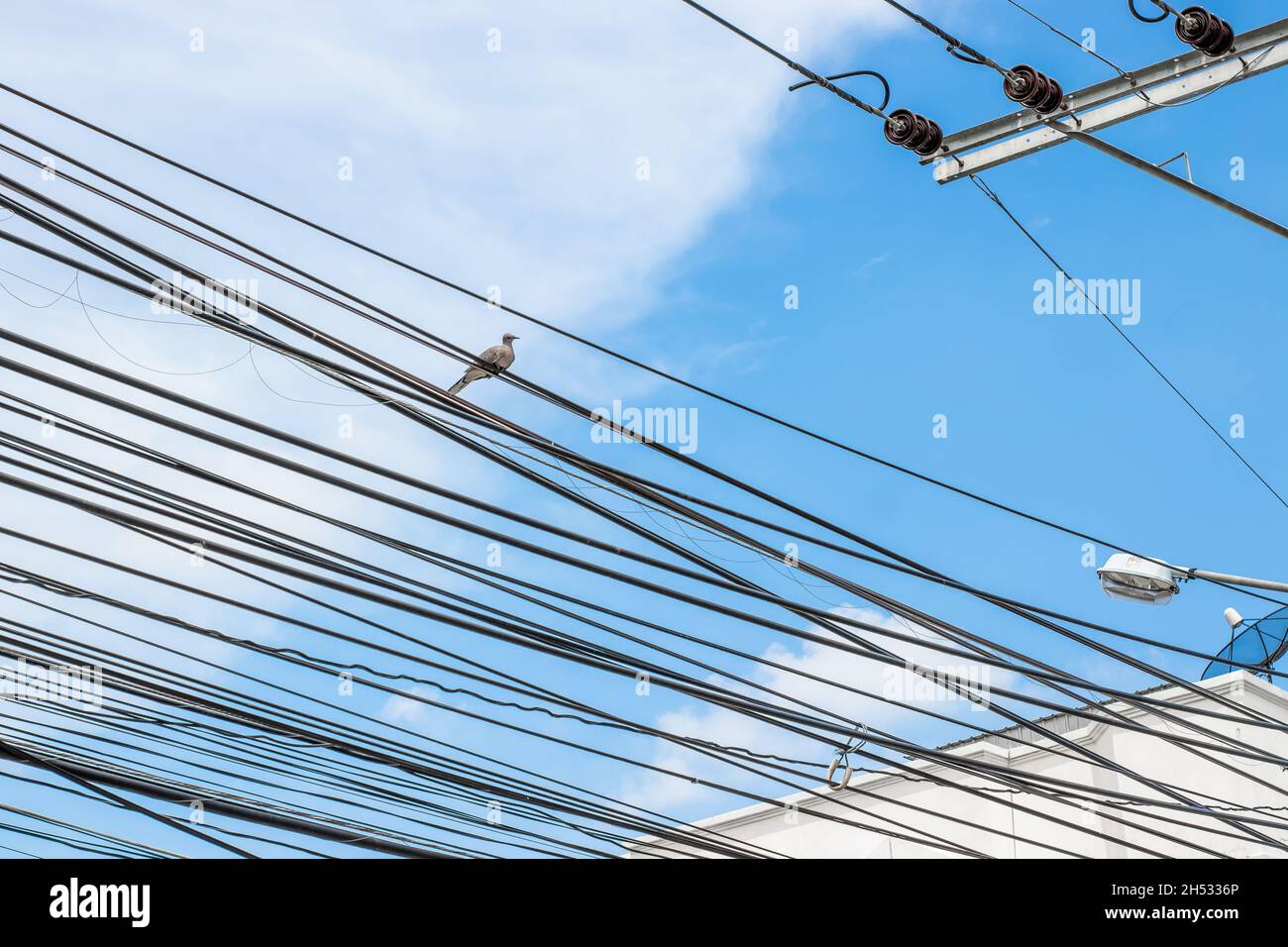Electric communications wires . power cable lines and pole. Power ...