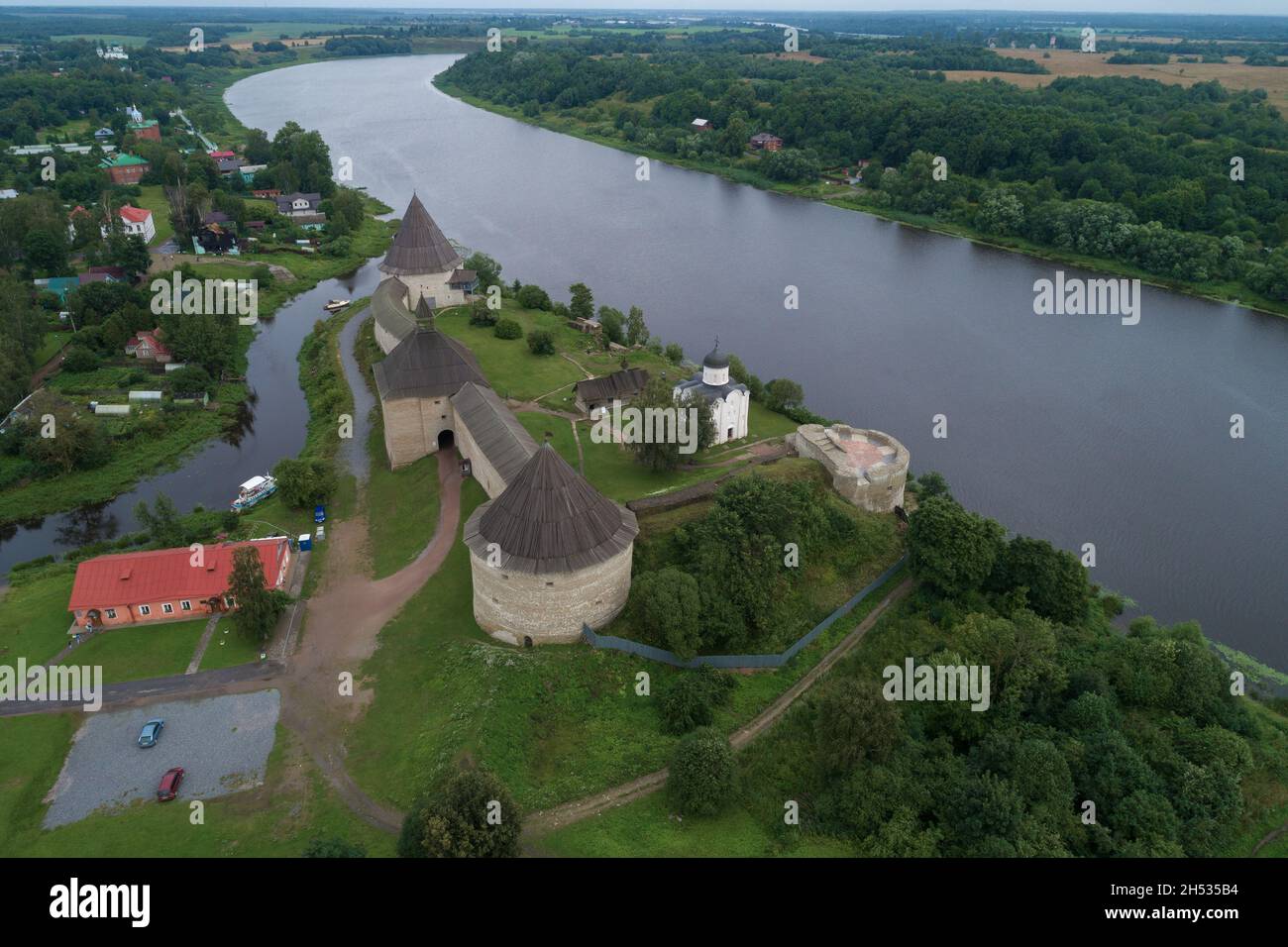 Ancient Old Ladoga fortress and Volkhov river on an August day (aerial ...