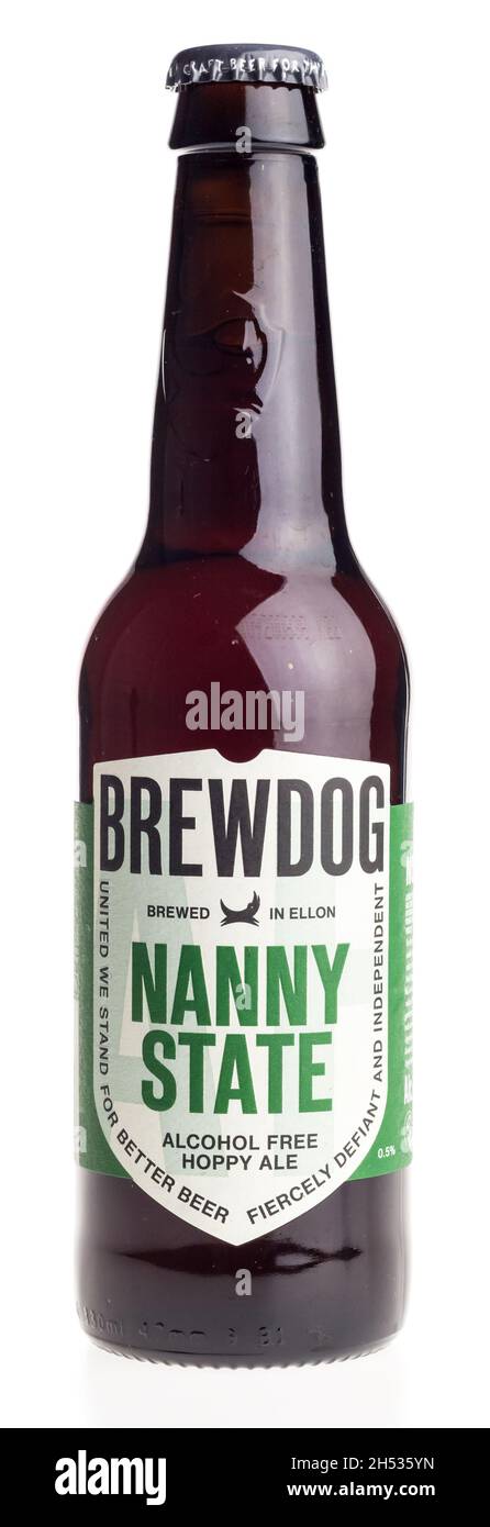 Bottle of Scottish Brewdog Nanny State beer isolated on a white ...