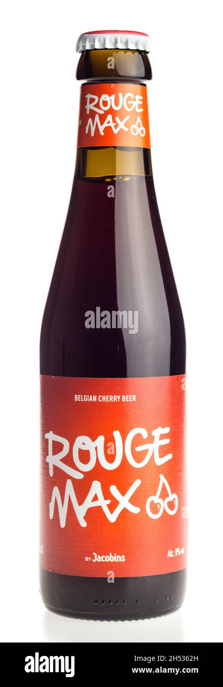 Bottle of Belgian Rouge Max cherry beer isolated on a white background ...