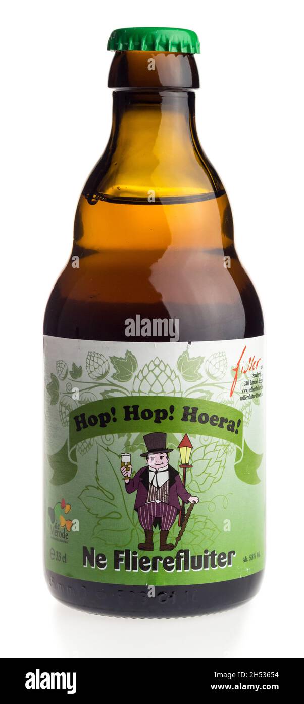 Bottle of Belgian Ne Flierefluiter Hop Hop Hoera isolated on a white ...