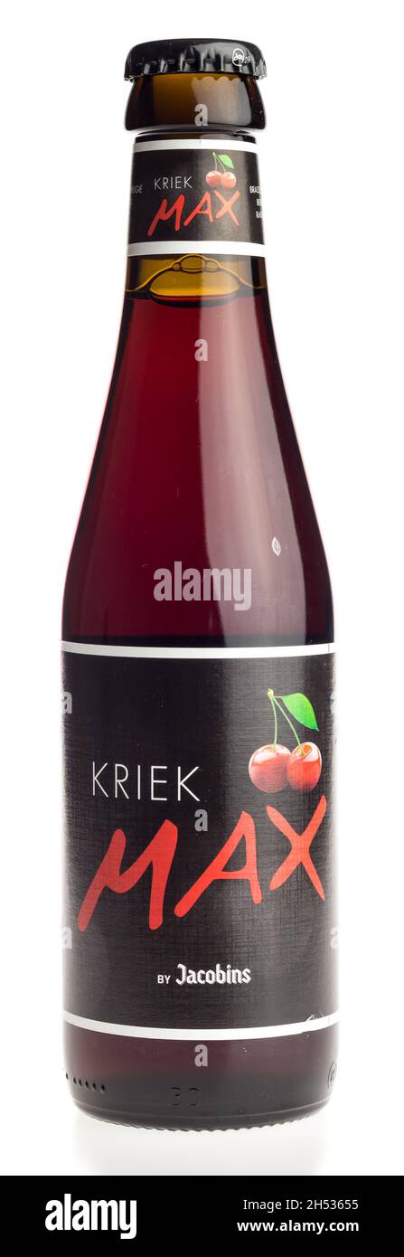 Bottle of Belgian Kriek Max cherry beer isolated on a white background ...