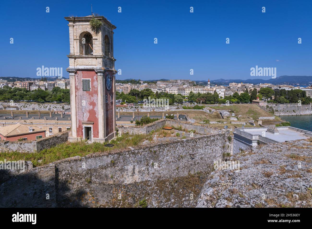 View with Clock Tower in Old Venetian Fortress in Corfu town on a Greek ...