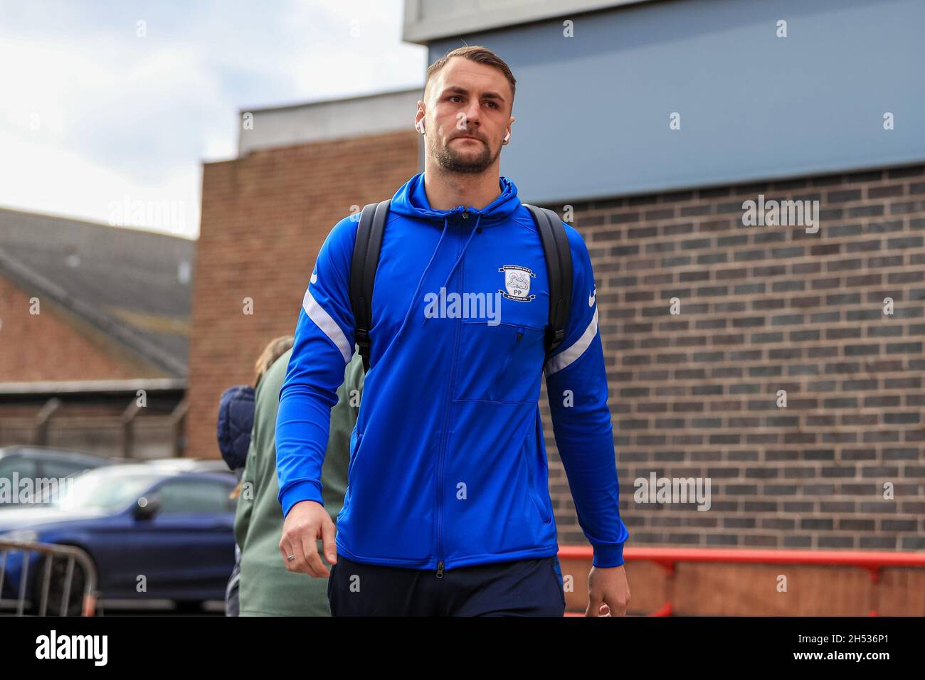 Patrick Bauer #5 of Preston North End gets off the team bus on arrival ...
