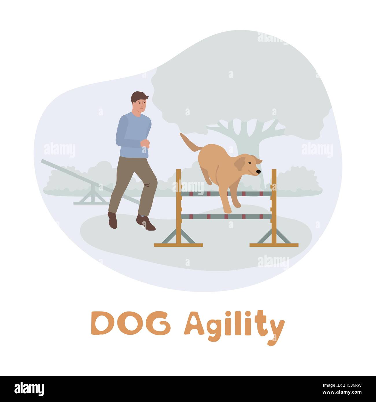 Vector illustration Man training his dog on agility field. Playing ...