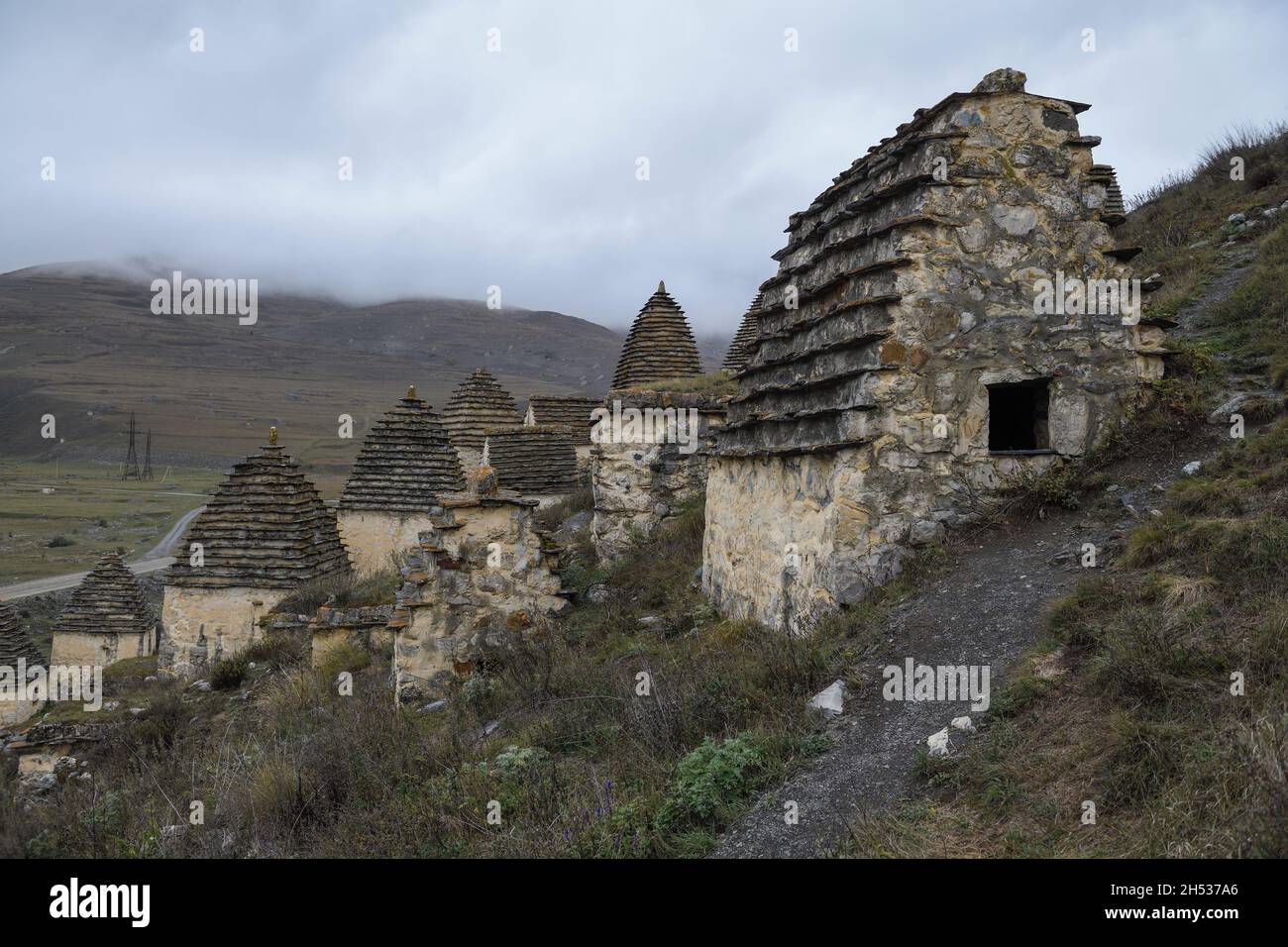 A gloomy October day in the ancient grave complex of Dargavs. North ...