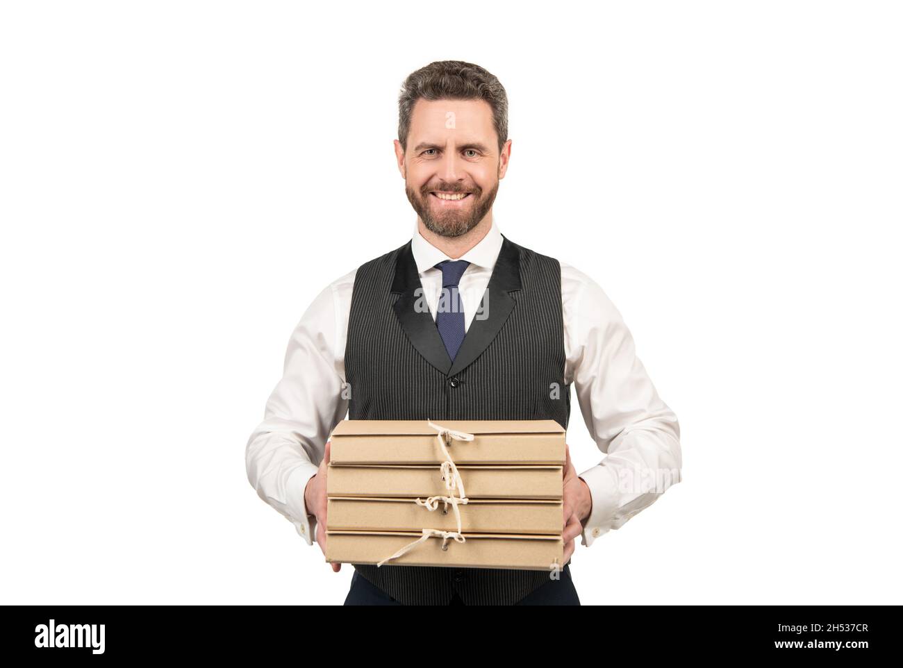 happy manager hold heap of folders isolated on white, management Stock ...
