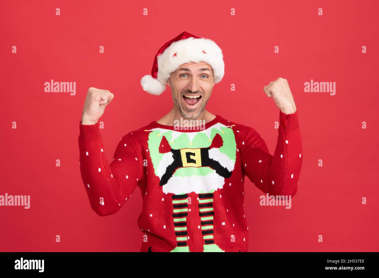 Winner announced. Happy santa man. Christmas elf scream making winning ...