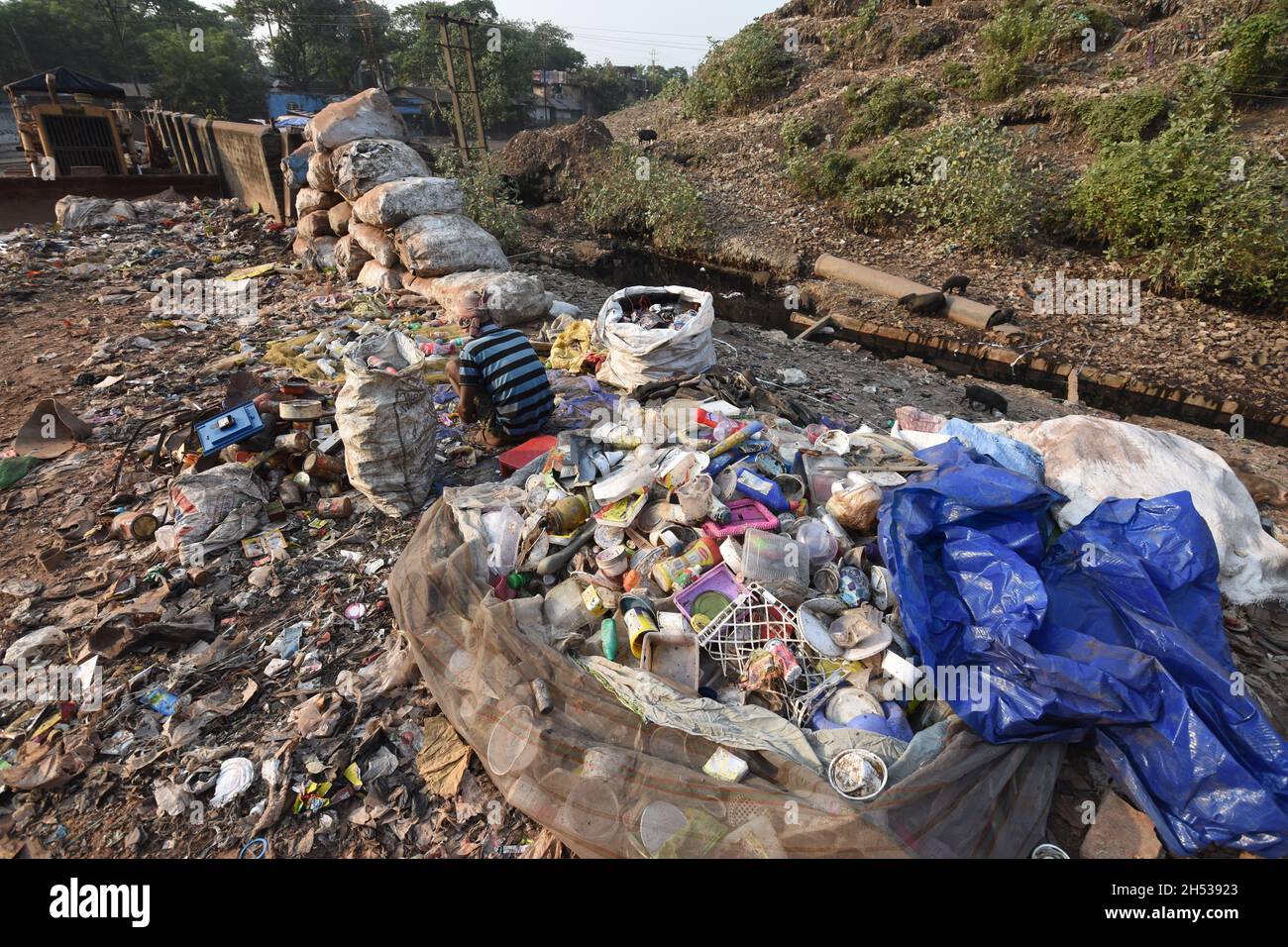 A scavenger man is segregating useful materials from garbage at ...