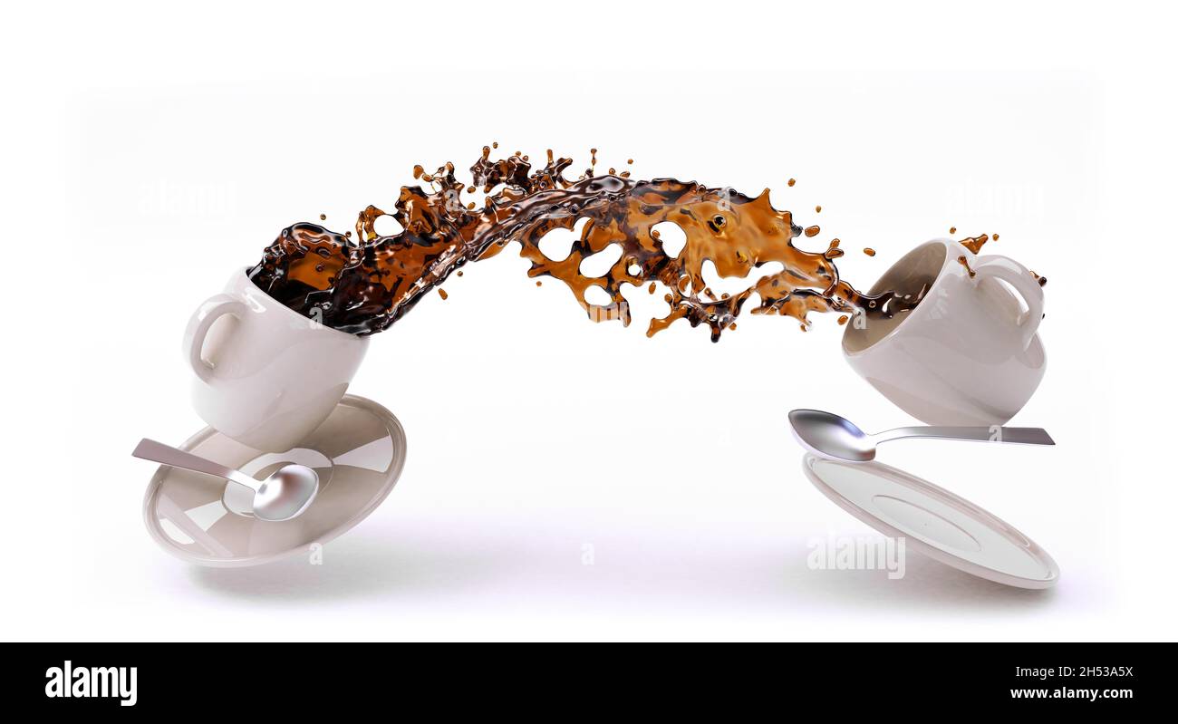 coffee spilling out of a mug into another isolated on white background ...