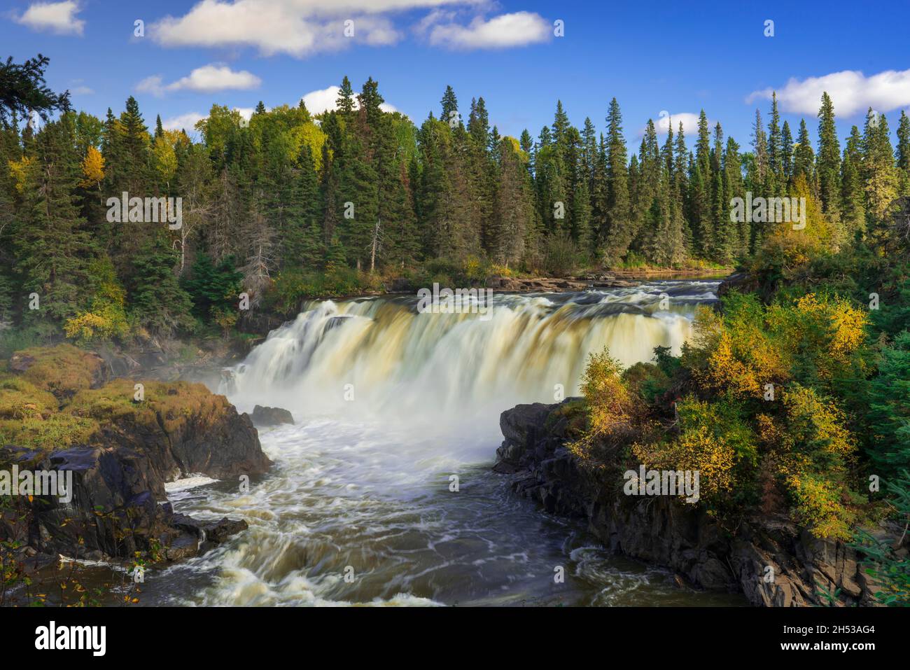 Pisew Falls with fall foliage color in Pisew Falls Provincial Park ...