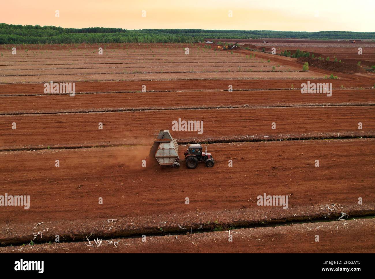 Peat Harvester Tractor on Collecting Extracting Peat. Mining and ...