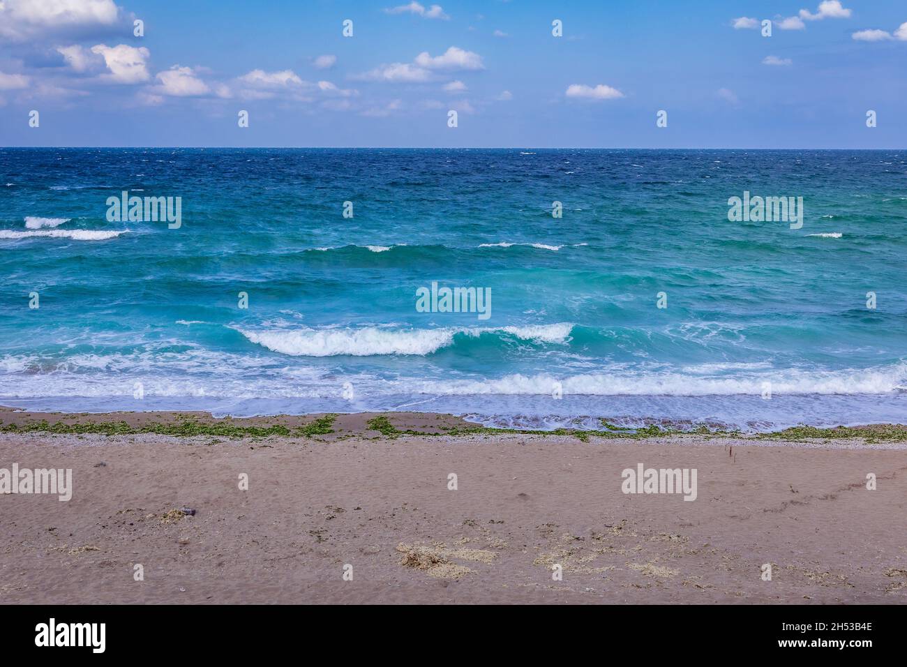 Empty beach in Shabla town and seaside resort in Dobrich Province on ...