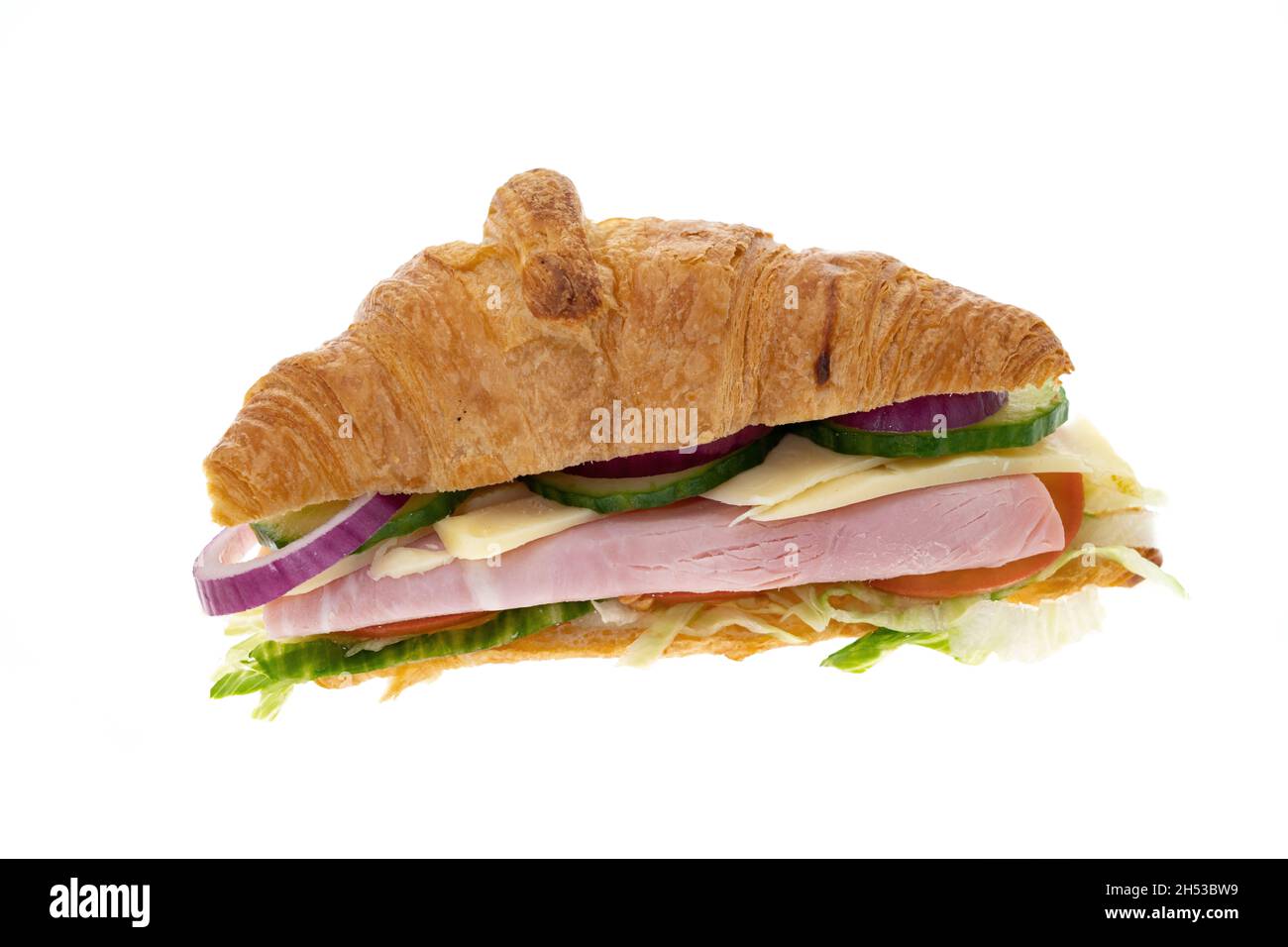 Croissant Club Sandwich with Ham, cheese and salad - white background ...