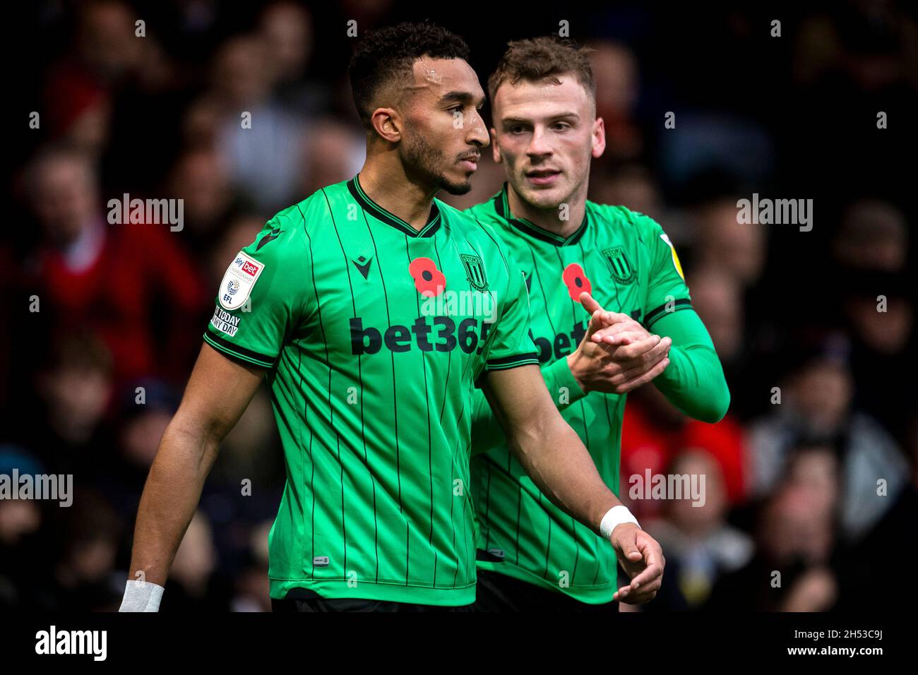Stoke City's Jacob Brown celebrates scoring his sides first goal during ...