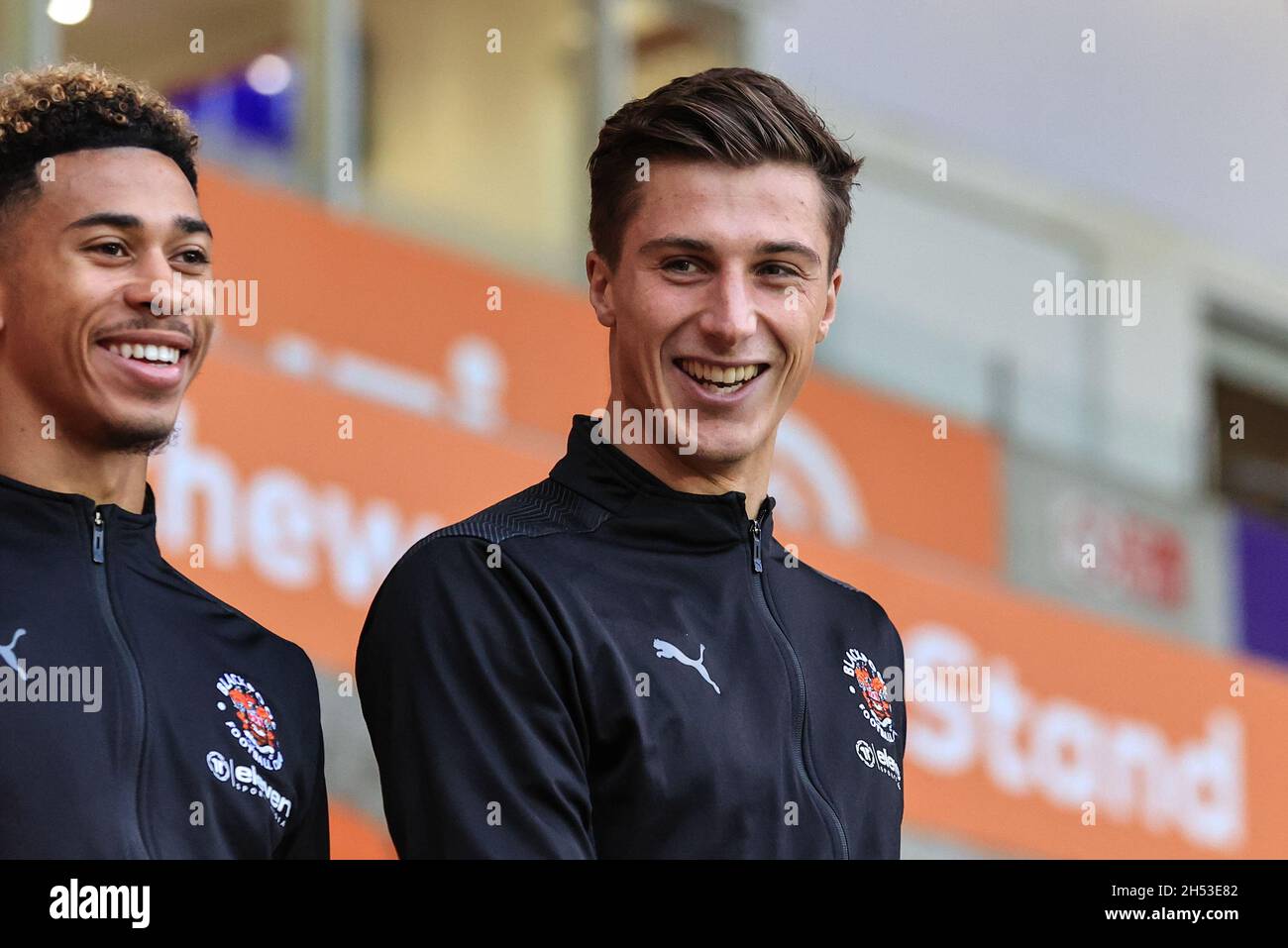 Stuart Moore #13 of Blackpool walks down the steps after his pre-match ...