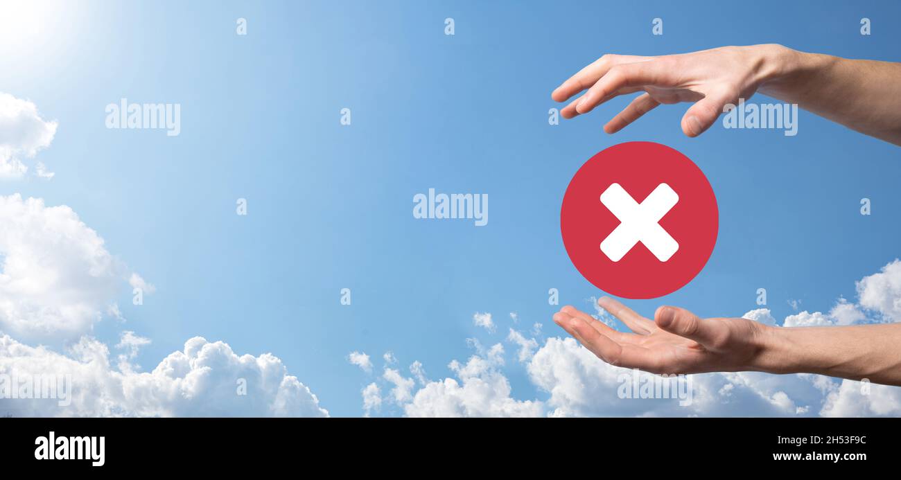 Hand holds icon,cancellation symbol,cancel icon.Cross mark flat red ...