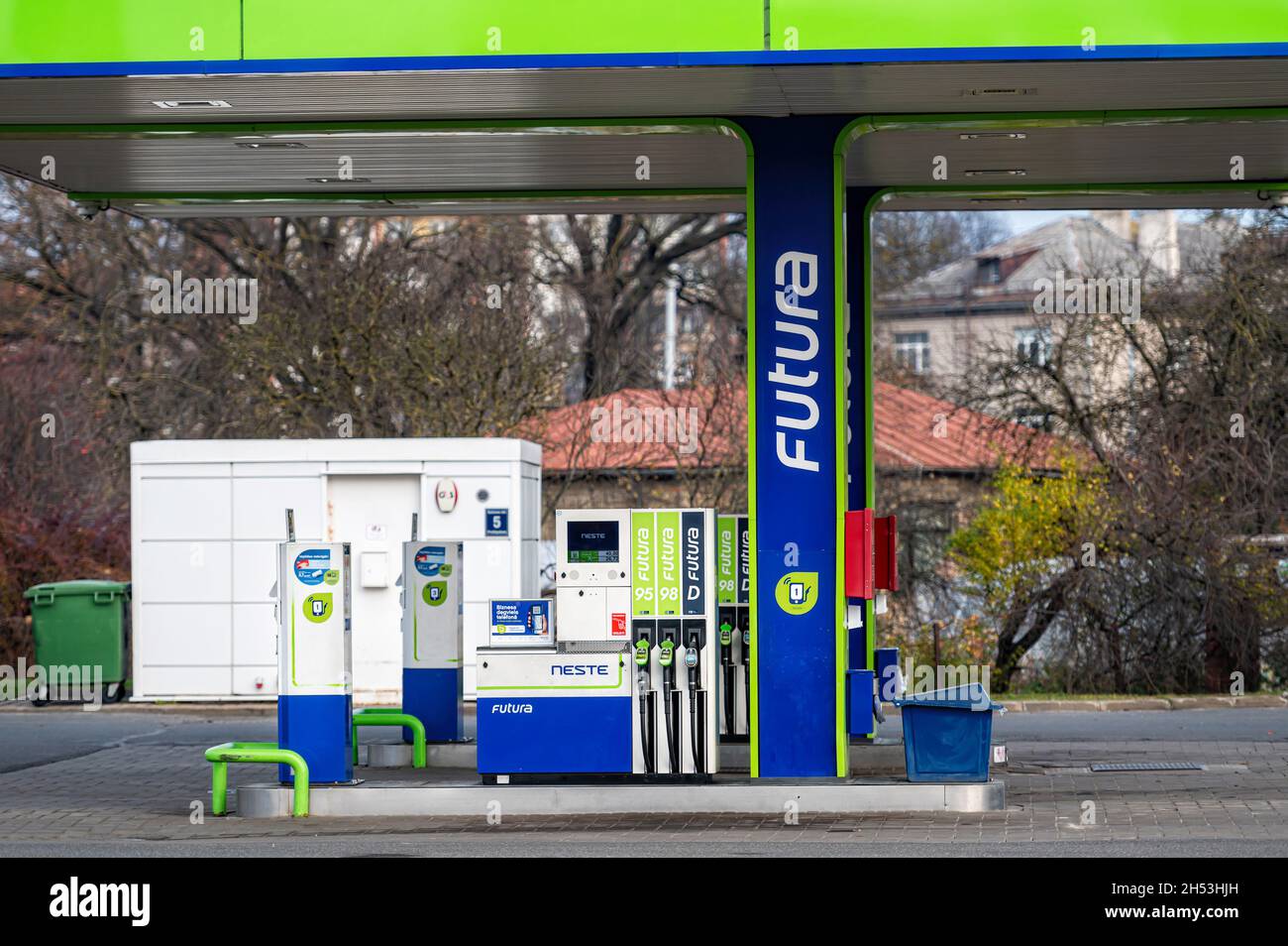 Riga, Latvia, November 2, 2021: Gas filling point with payment terminal ...
