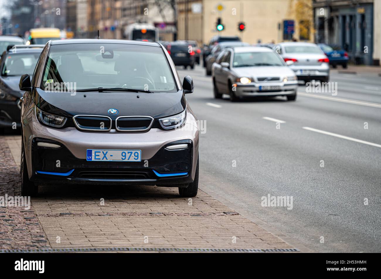 Riga, Latvia, November 2, 2021: BMW i3 electric car is parked on a city ...