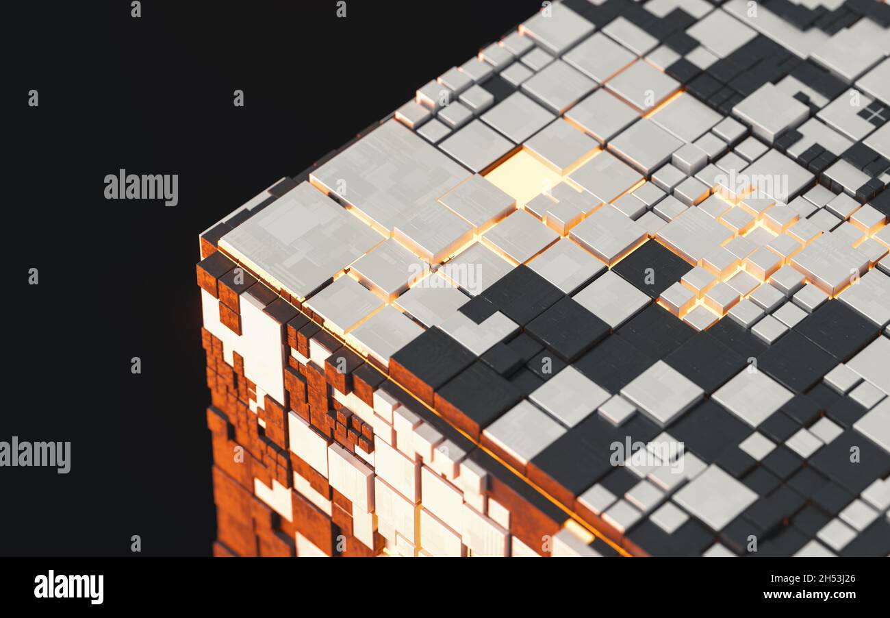 Cubes and materials, circuits structure, 3d rendering. Computer digital ...