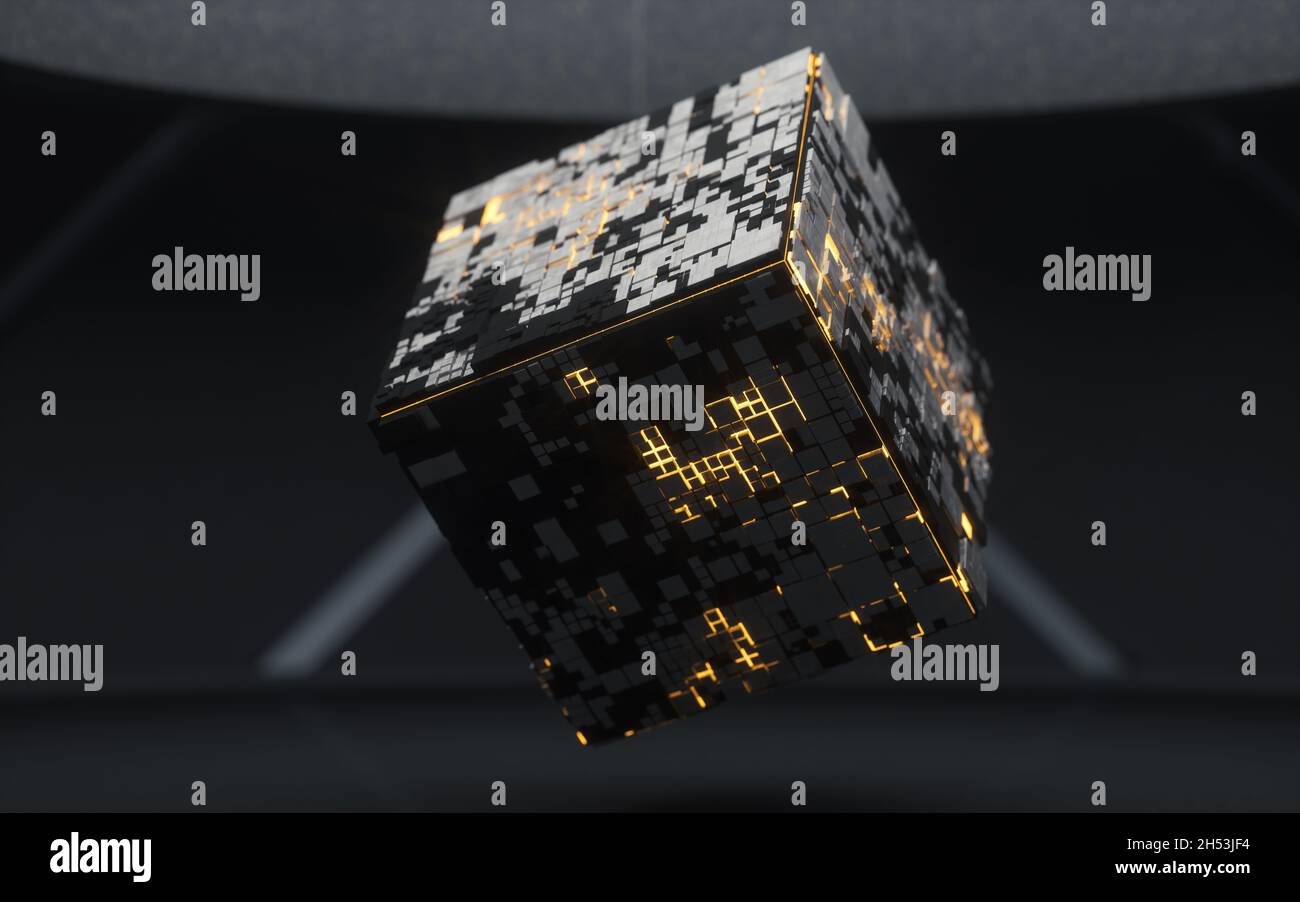 Cubes and materials with dark room, 3d rendering. Computer digital ...