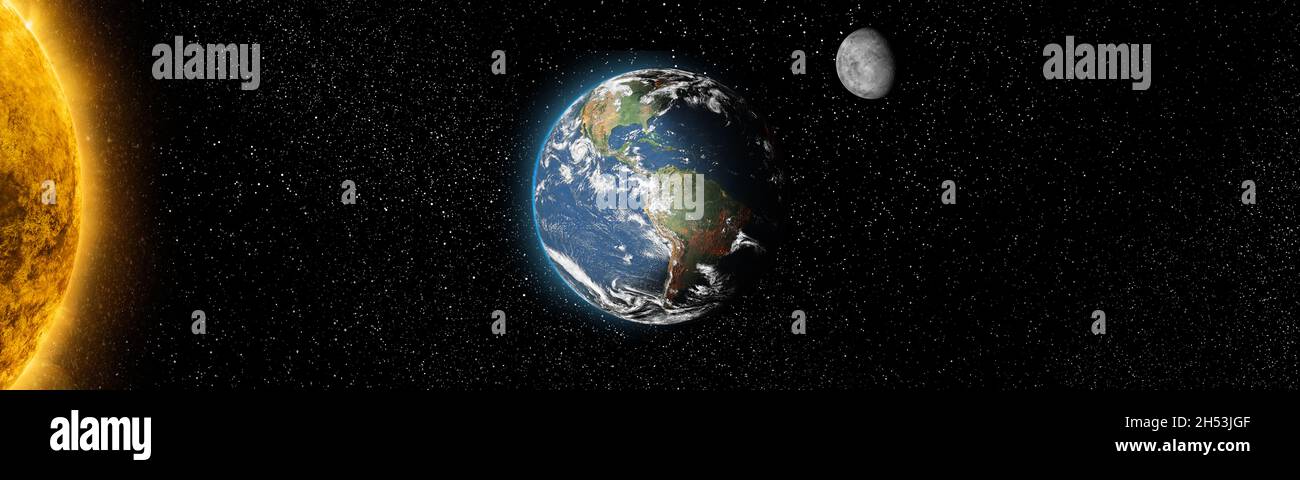 Sun star and planet earth and moon in space front view. Cosmic ...
