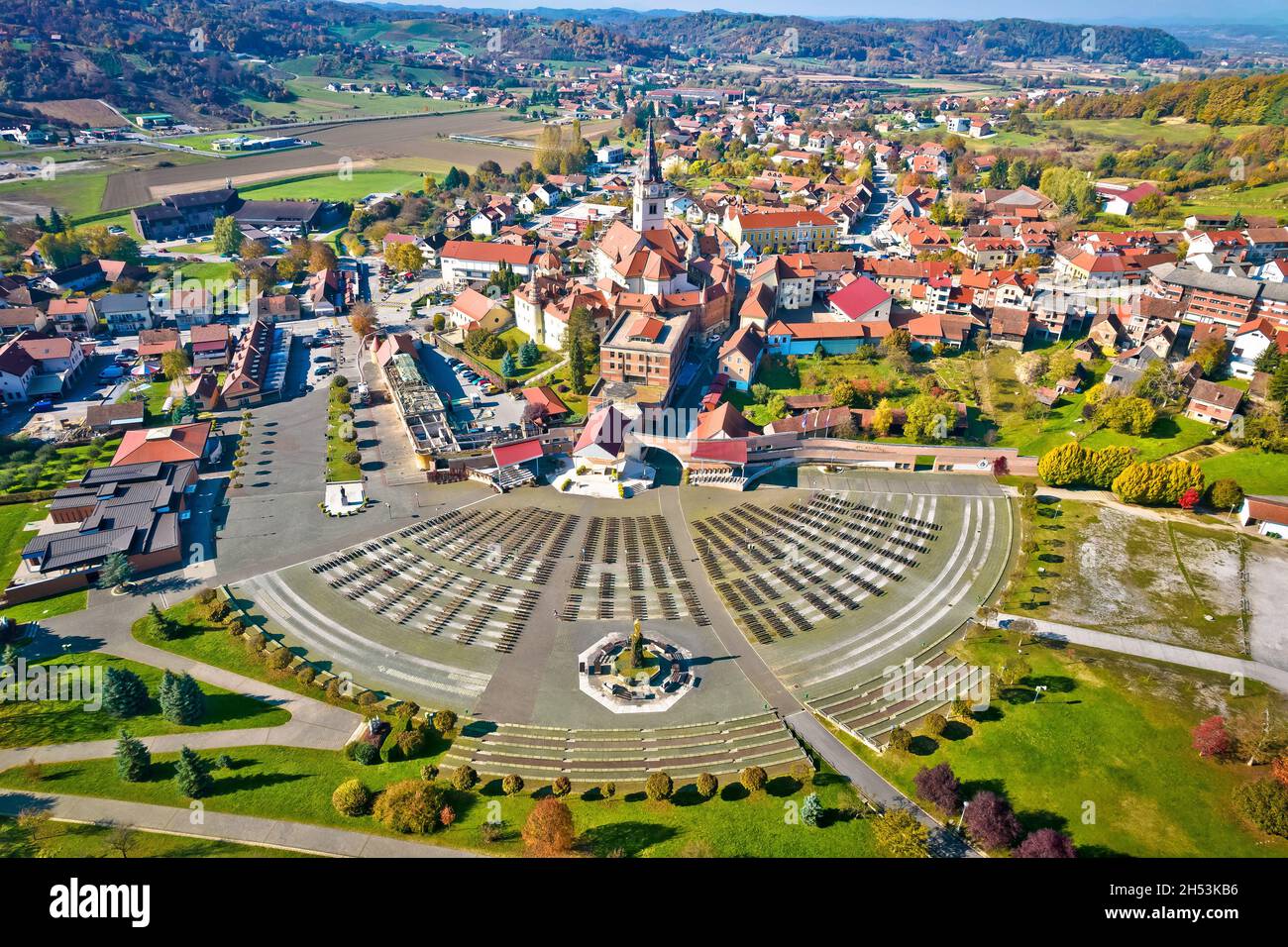 Marija Bistrica sanctuary church and Kalvarija hill aerial view ...