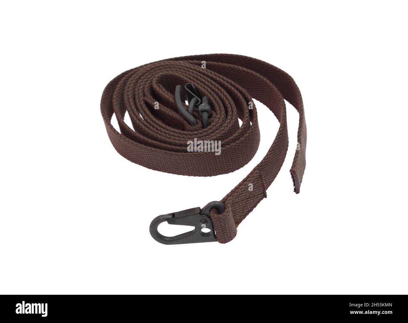 Shoulder strap for weapons with metal carabiners. Isolate on a white ...