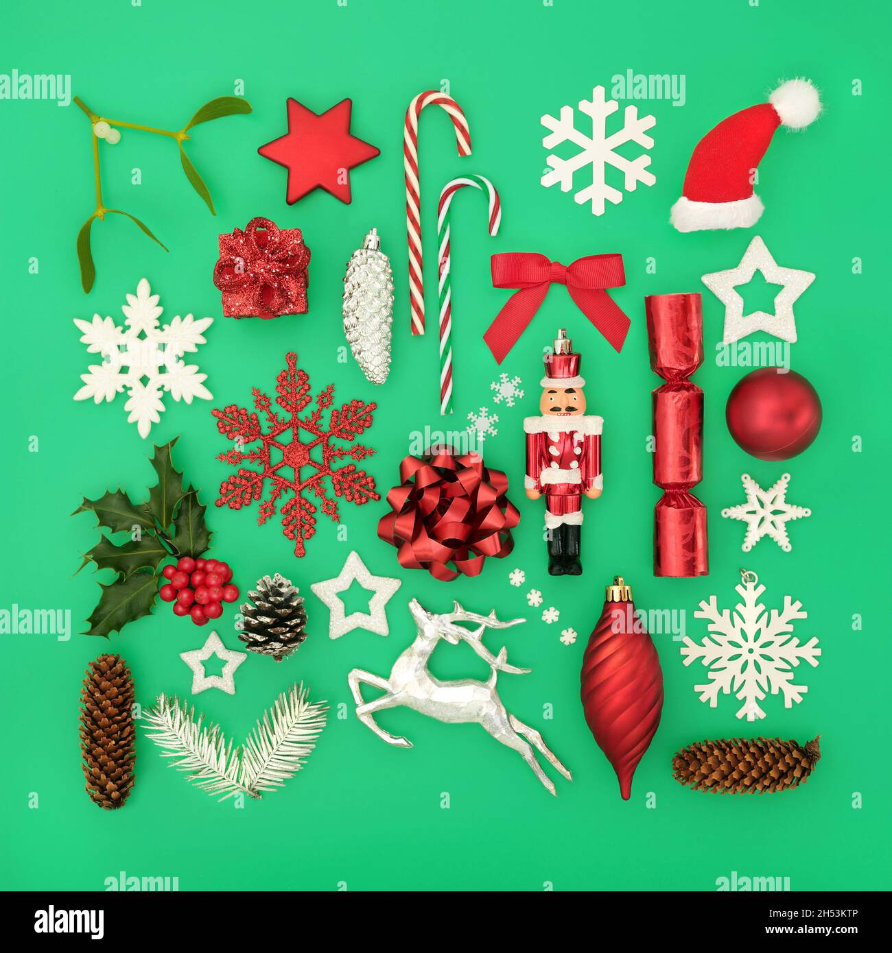 Christmas fun composition with tree ornaments, bauble decorations ...