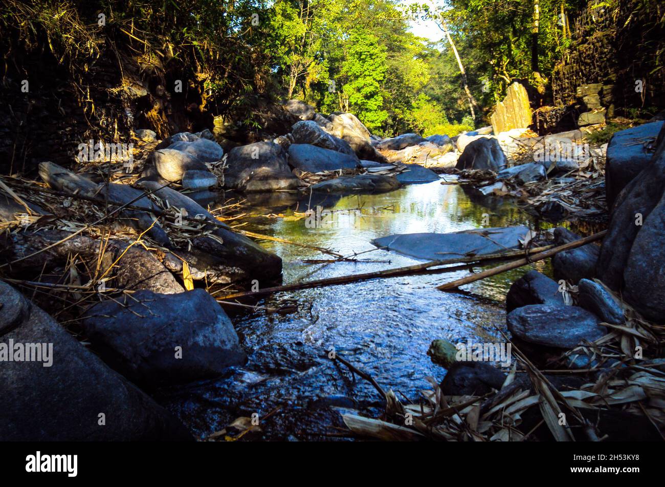 Waterfalls: Water flowing in between the woods and stone in the winter ...