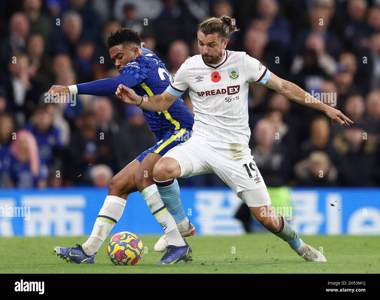 London, England, 6th November 2021. Jay Rodriguez of Burnley challenges ...
