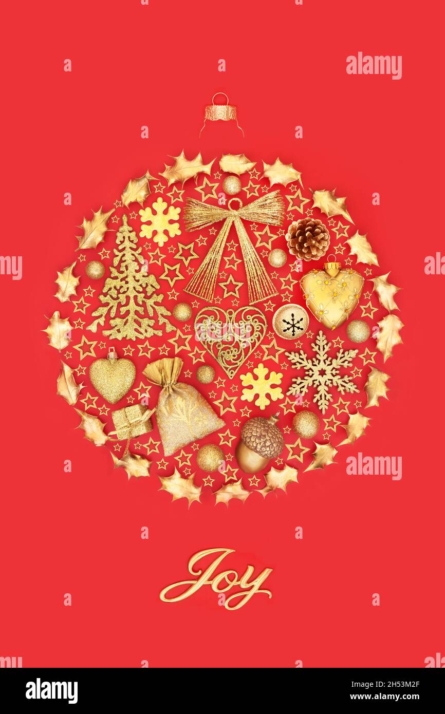 Joy at Christmas abstract round bauble tree decoration with gold sign ...