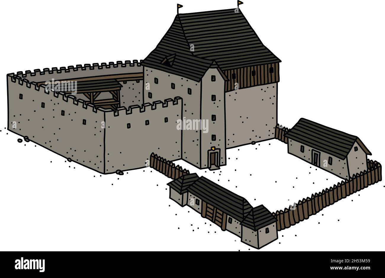 The vectorized hand drawing of an old stone castle with a wooden ...