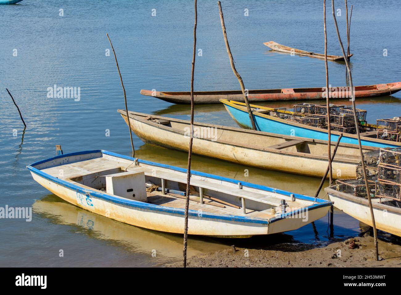 Canoes and boats docked on the bank of the grand Paraguacu river ...