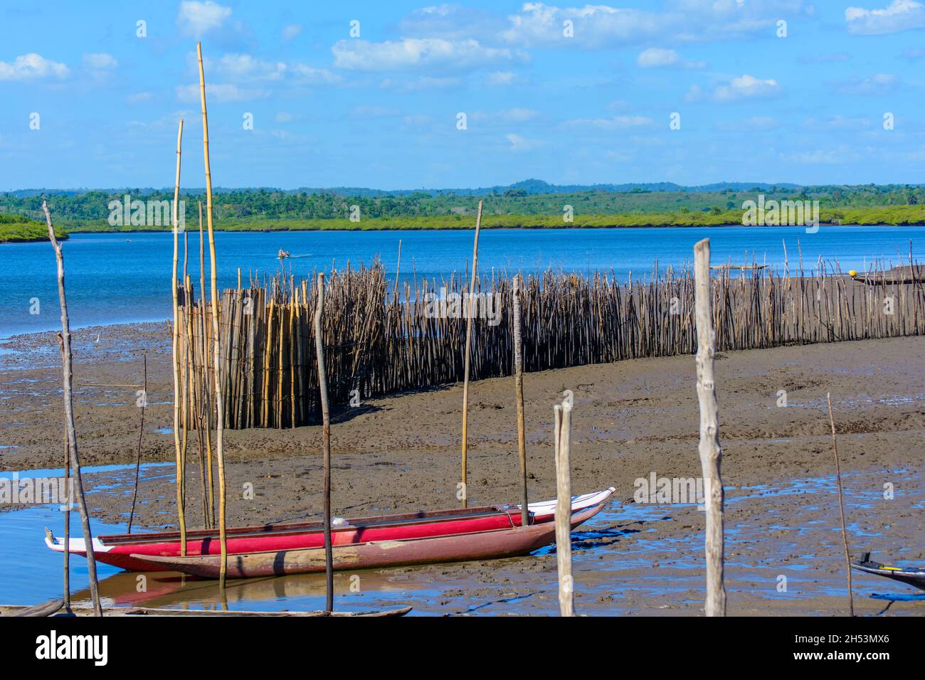 Canoes and boats docked on the bank of the grand Paraguacu river ...
