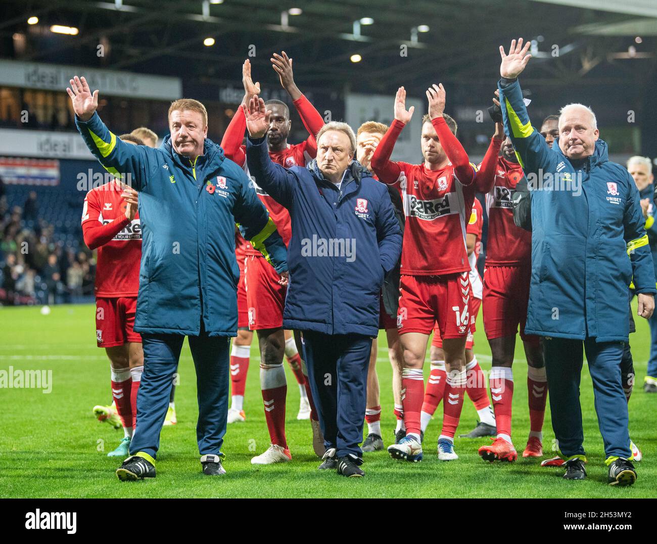 Neil Warnock manager of Middlesbrough and his team wave goodbye to the ...