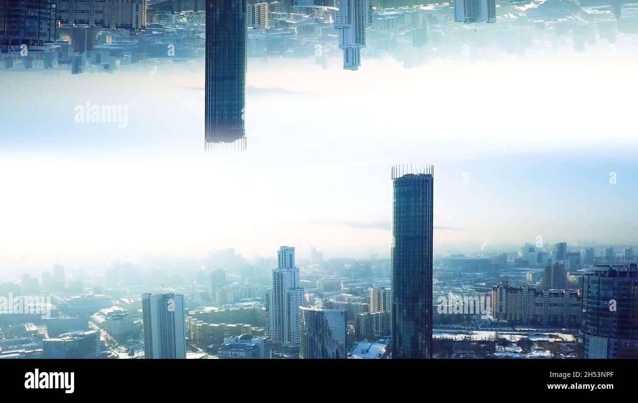 Modern city with mirror effect. Stock footage. Abstract animation with ...