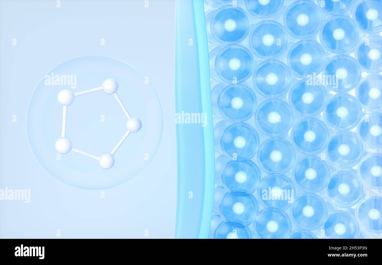 Skin cells absorb the molecule, 3d rendering. Computer digital drawing ...