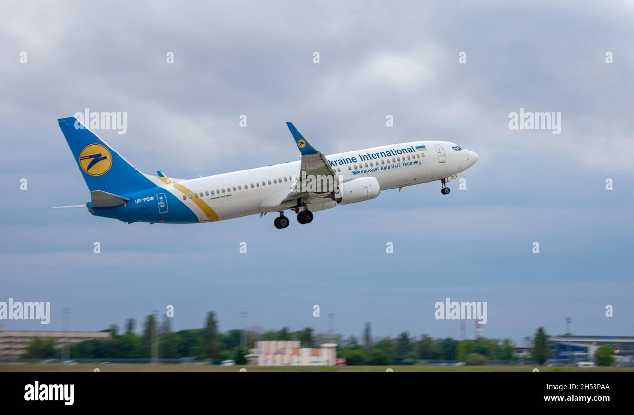 UKRAINE, KYIV, - MAY 28, 2021: Passengers plane Boeing 737-900ER UR-PSW ...