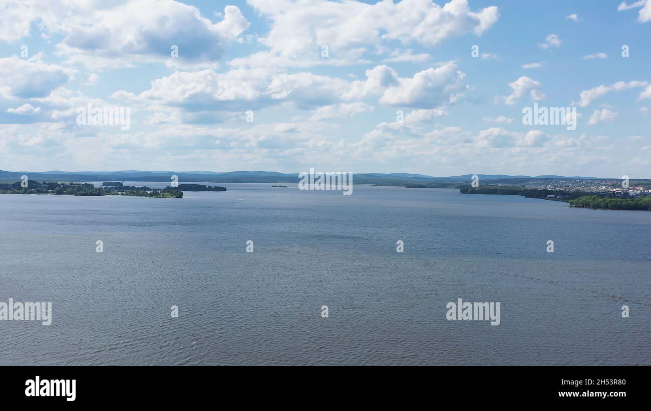 Top view of beautiful lake on background of horizon with sky. Video ...