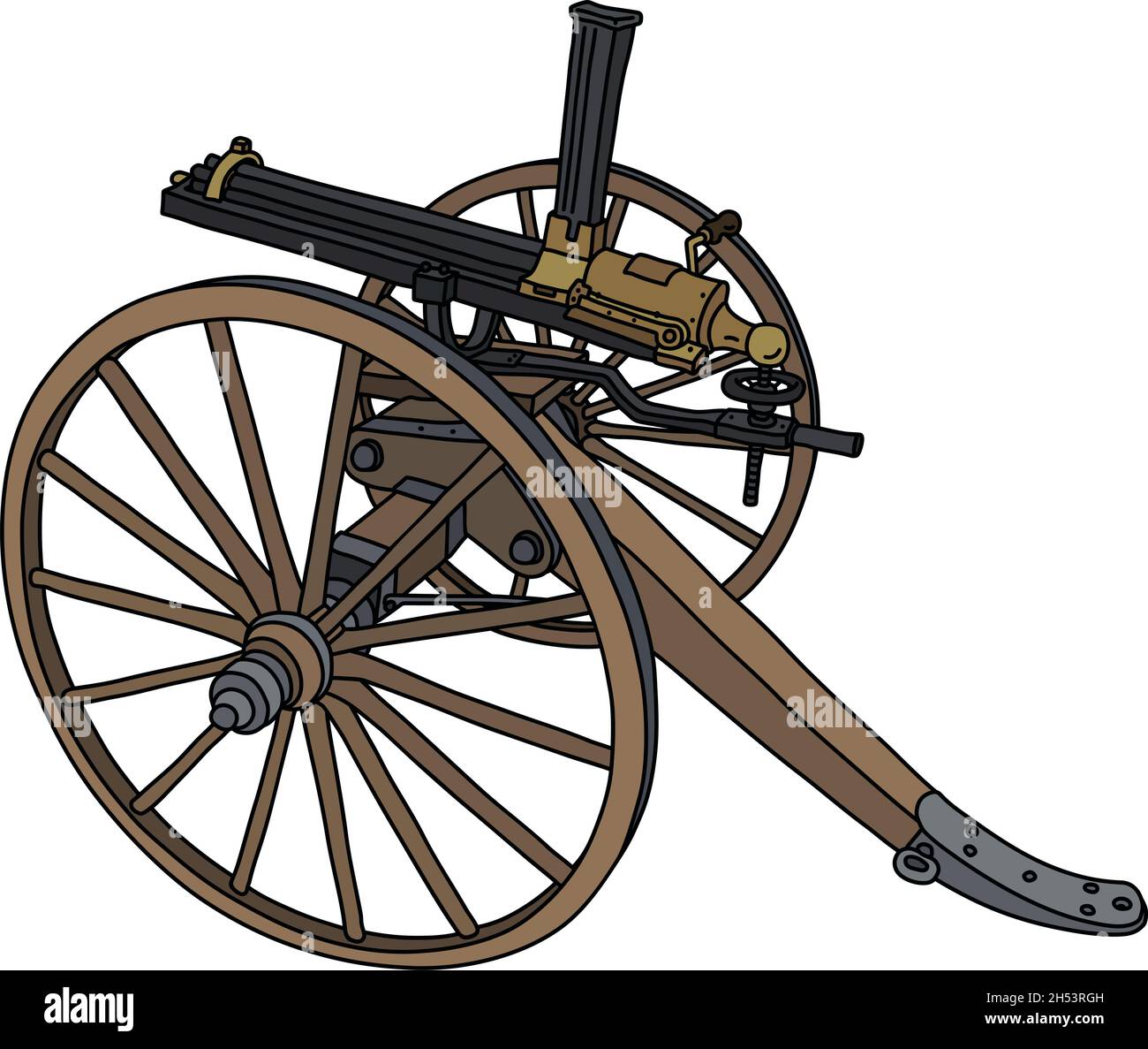 The vectorized hand drawing of an old Gatling multi barrel machine gun ...