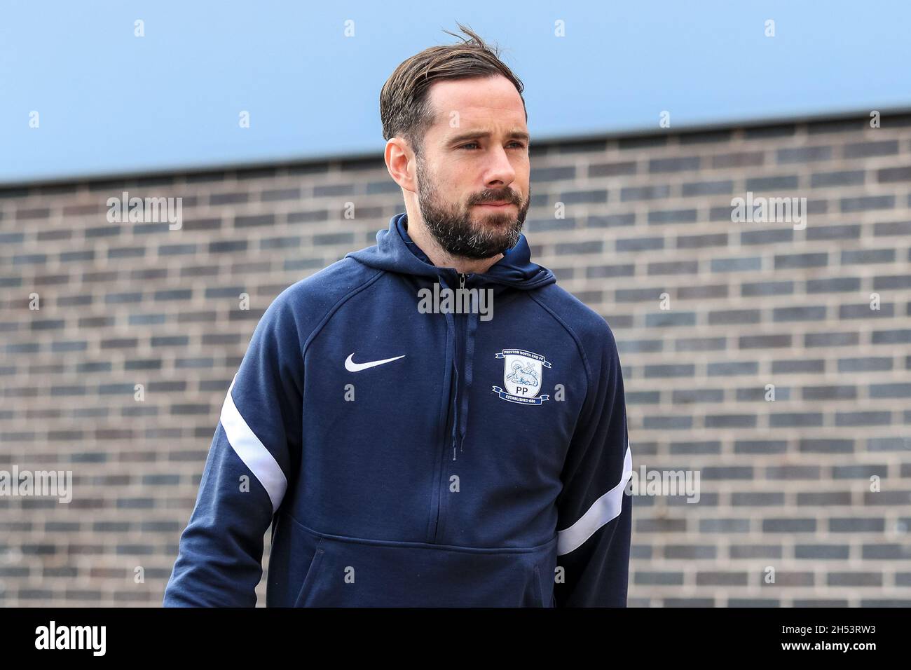 Greg Cunningham #3 of Preston North End gets off the team bus on ...