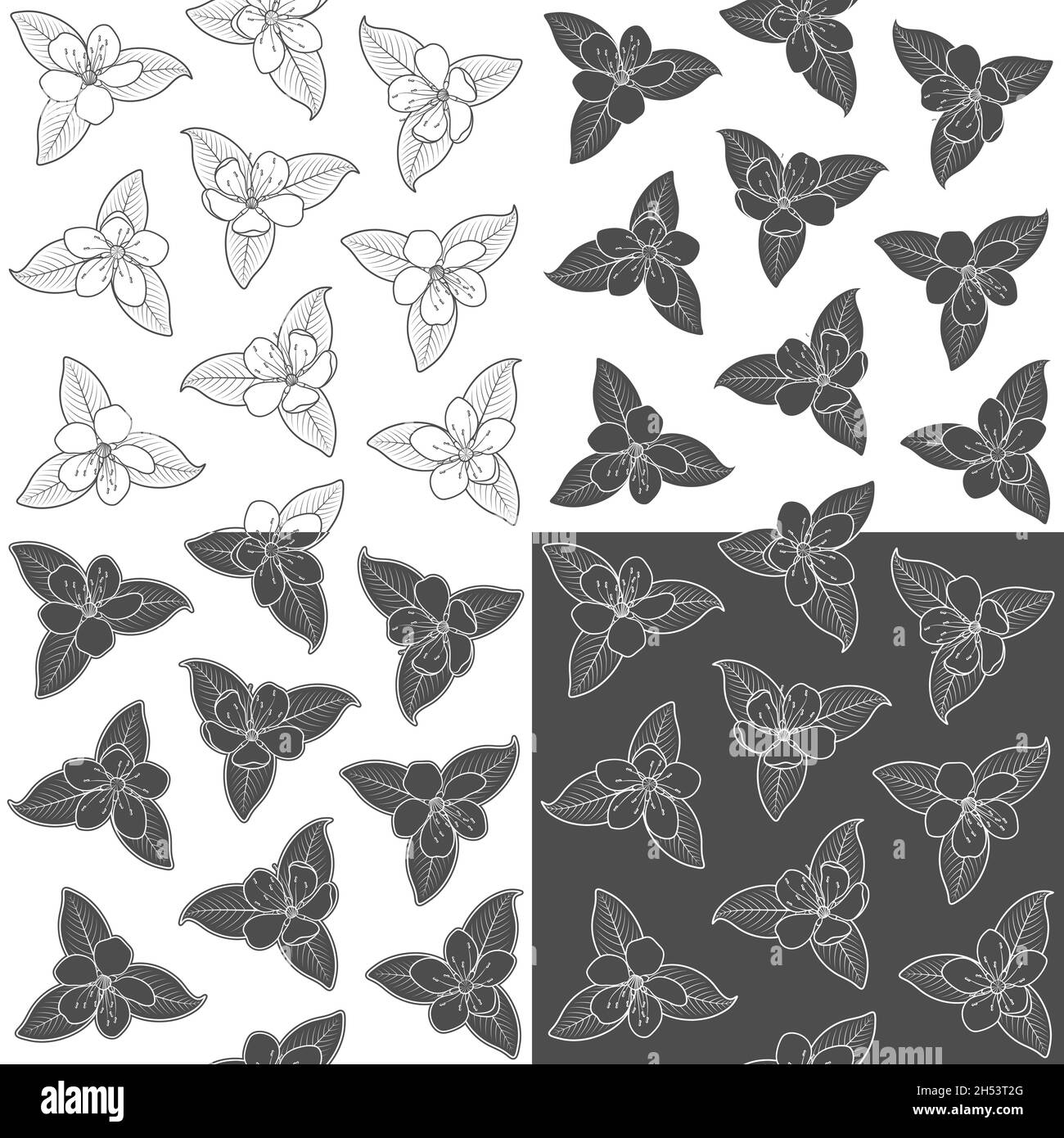 Set of seamless pattern with black and white spring flowers. Vector ...