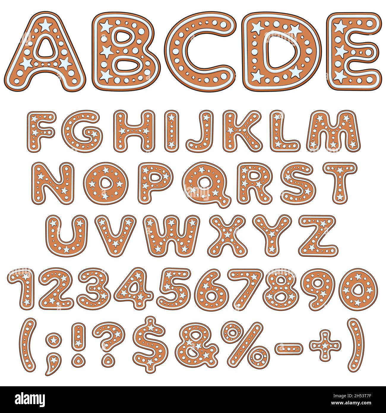 Alphabet, letters, numbers and signs of gingerbread. Isolated colored ...
