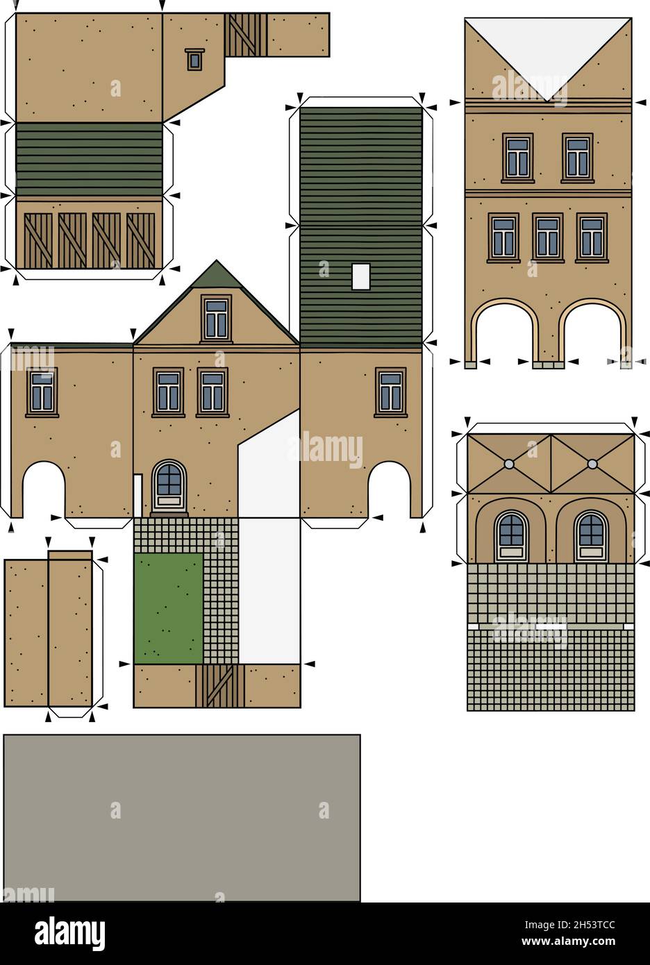 The vectorized hand drawing of an paper model of the old beige town ...