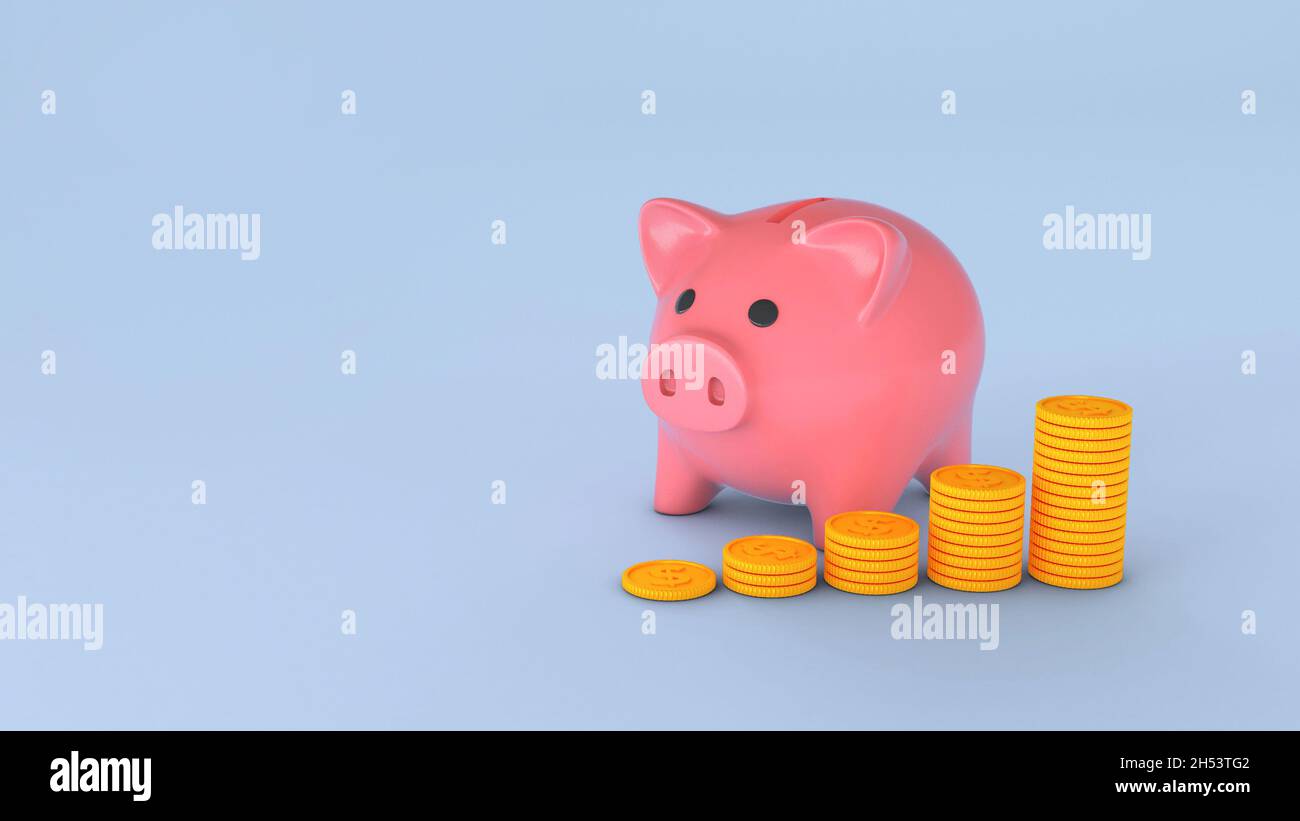 Piggy bank and stacks of coins as a symbol of increasing savings growth ...